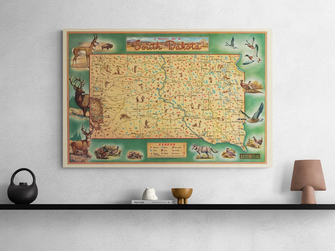 A Hunters Map of South Dakota Vintage Map 1946 USA Hunting Americana ...