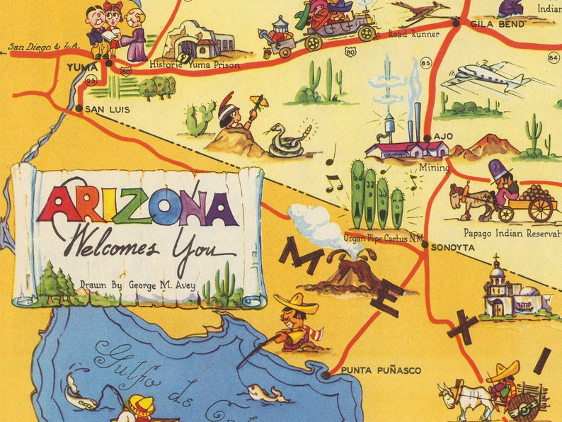 Old Arizona Map 1942 Illustrated Tourist Map Antique Americana Print ...