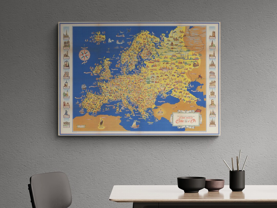 Retro Pictorial European Map 1951 Old Illustrated Map Antique Print ...