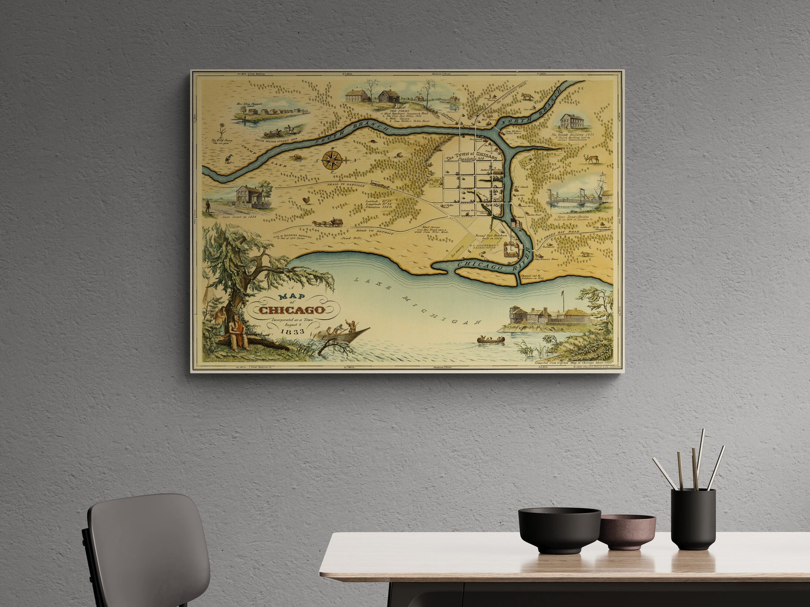 Vintage Pictorial Map of Chicago 1833 Illustrated American History Lake ...