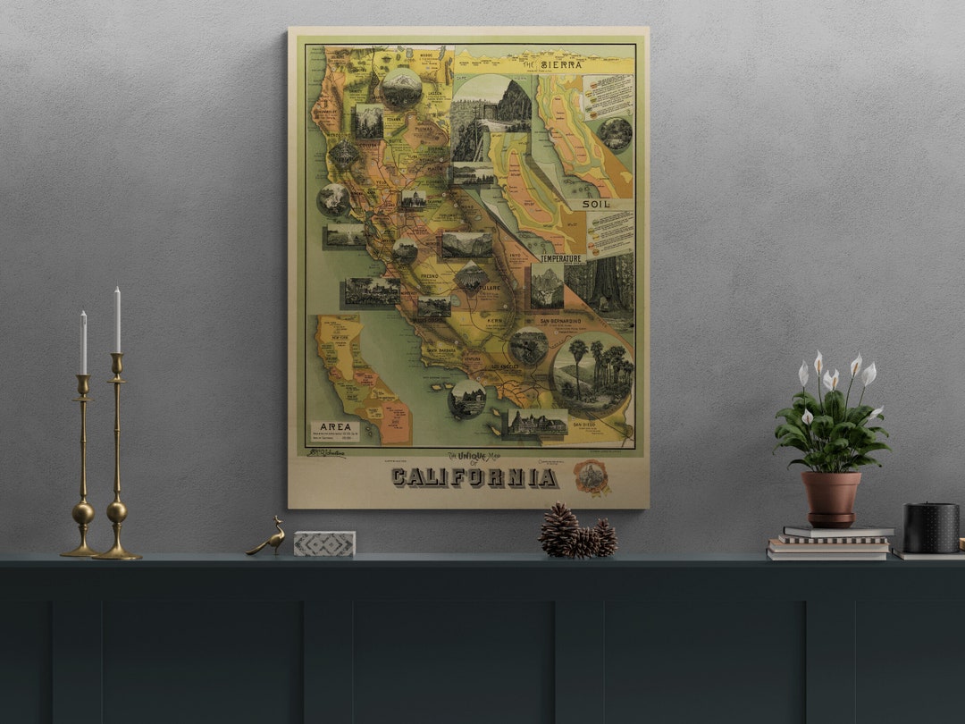 The Unique Map of California Vintage 1885 Old Pictorial Map Antique ...