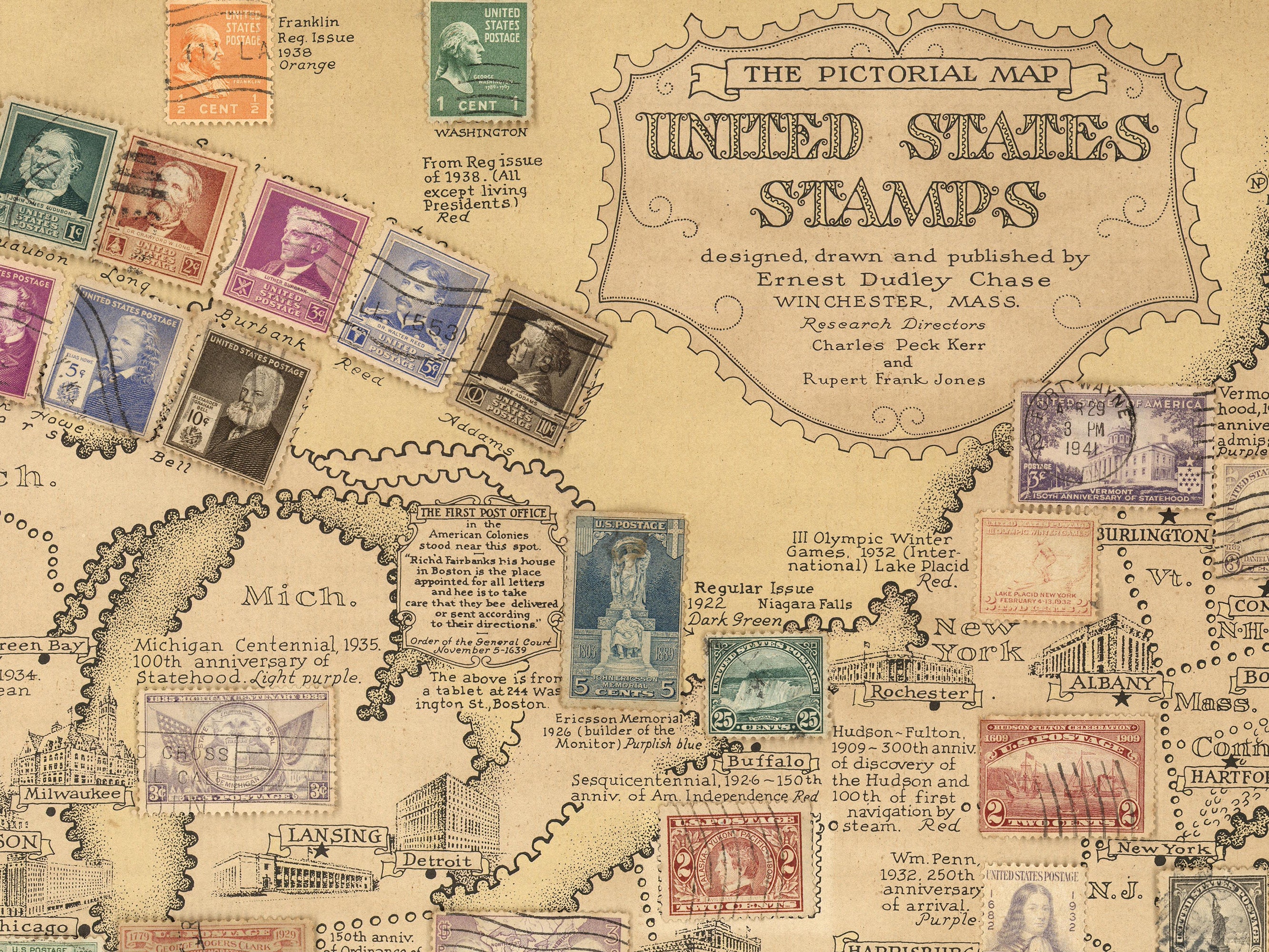 The Pictorial Map of United States Stamps 1949 Vintage Philately Stamp ...