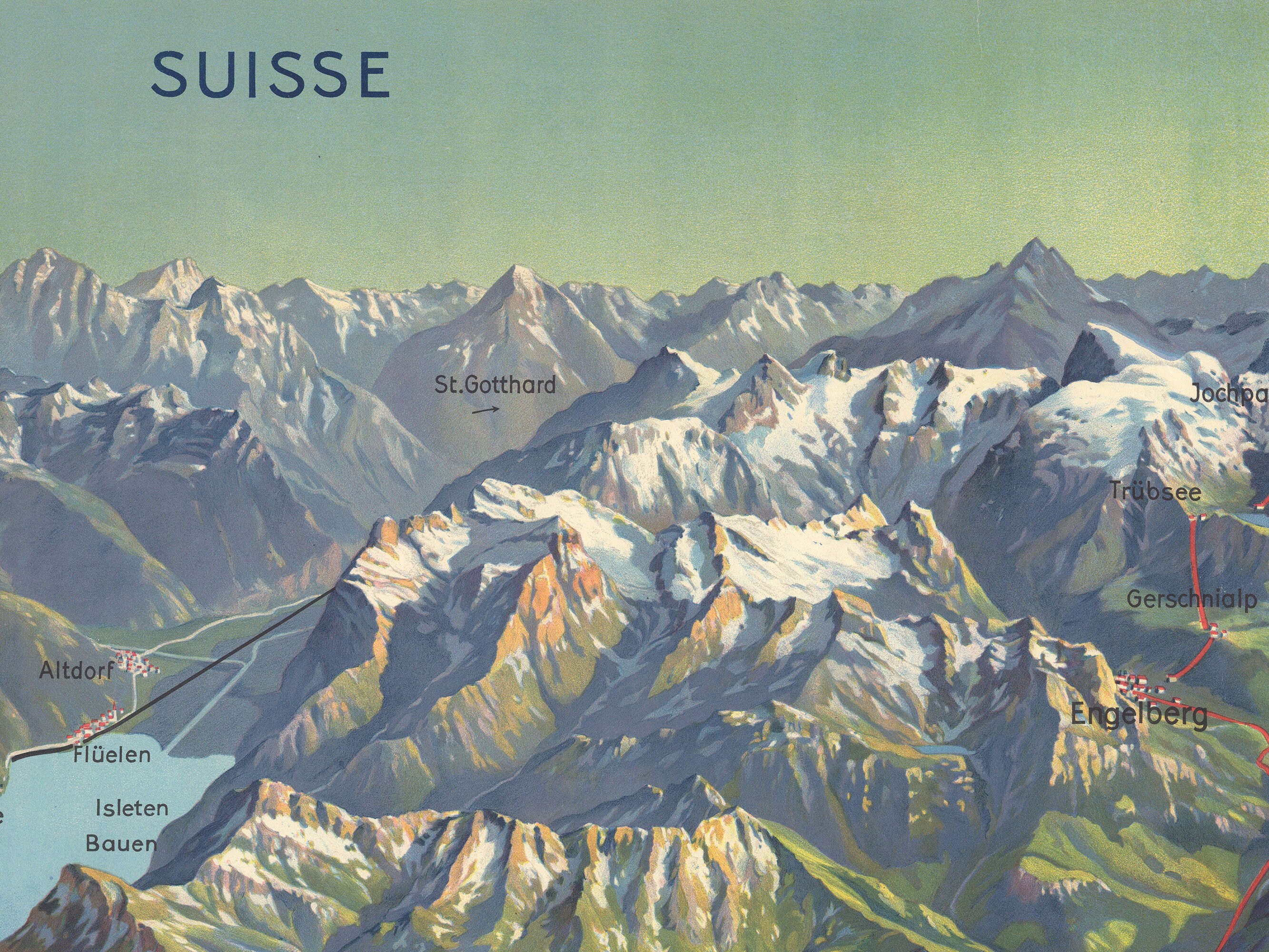 Retro Travel Map of Lake Lucerne Switzerland 1935 Lac Des Quatre ...