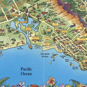 Waikiki Beach Map Art Print: 1950s Vintage Hawaiian Island Poster - Etsy