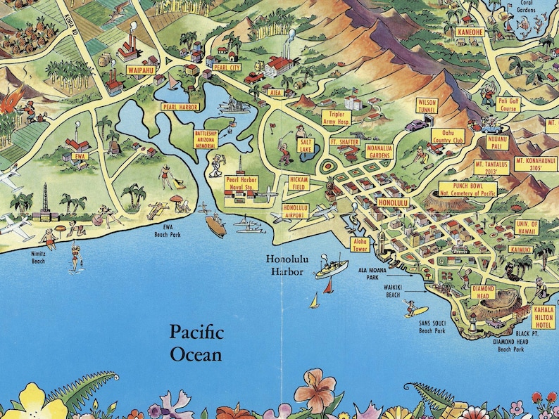 Waikiki Beach Map Art Print: 1950s Vintage Hawaiian Island Poster - Etsy