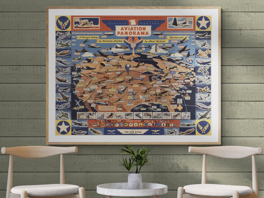 Vintage Map 1943 Pictorial History of American Aviation Wall Art ...