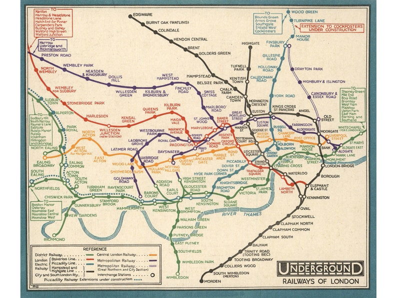 Vintage Map Underground Railways of London 1930 Old Tube Map Antique UK ...