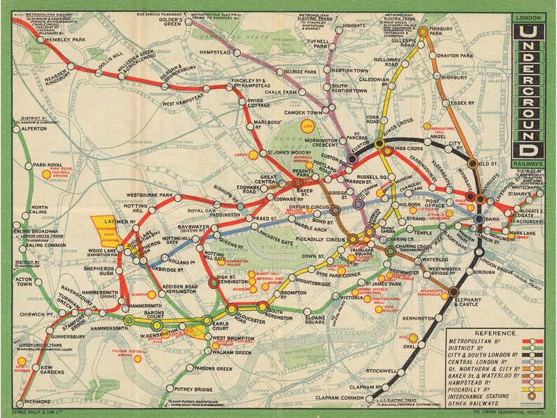Tube Map London Underground Railways 1912 Old Tube Map Antique Print ...