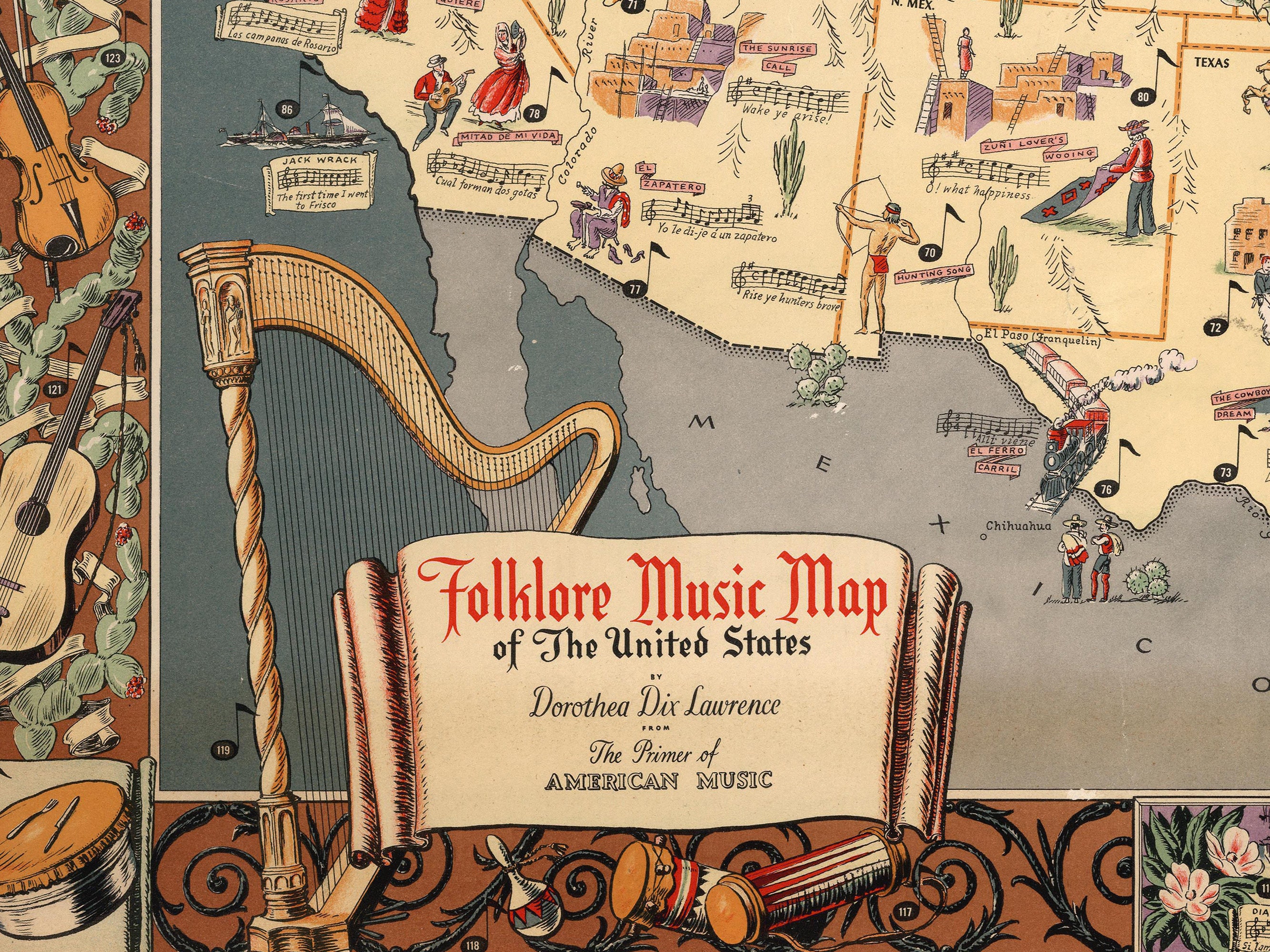 Old Pictorial Folklore Music Map of the United States 1946 American ...