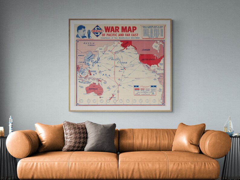 Vintage Kriegskarte des Pazifik und des Fernen Ostens 1944 Skellyman Illustrierte WW2 Alte Karte ...