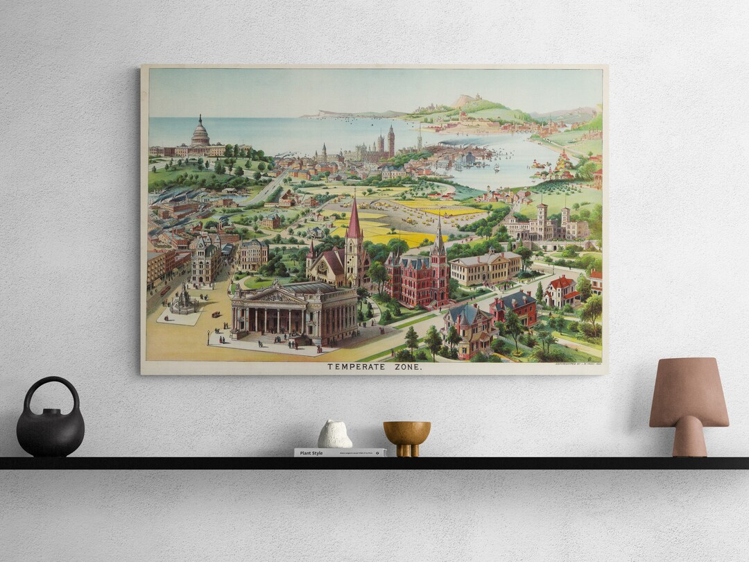 Retro Classroom Illustrated Map 1893 Temperate Zone Vintage Americana ...