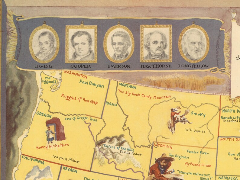 Booklovers Map of the United States 1949 Pictorial America Authors ...