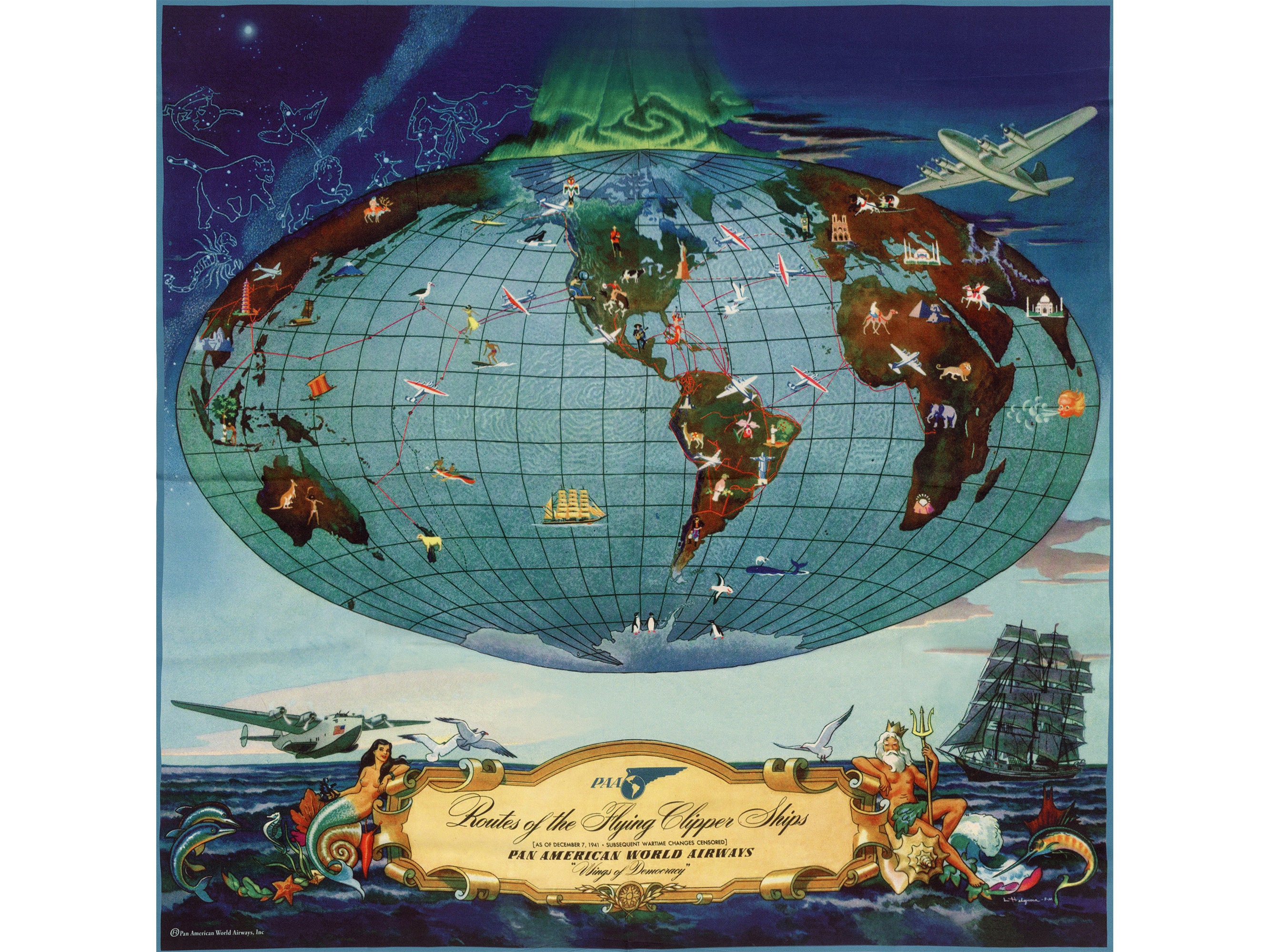 Vintage Map Routes of the Flying Clipper Ships 1941 Pan American World ...