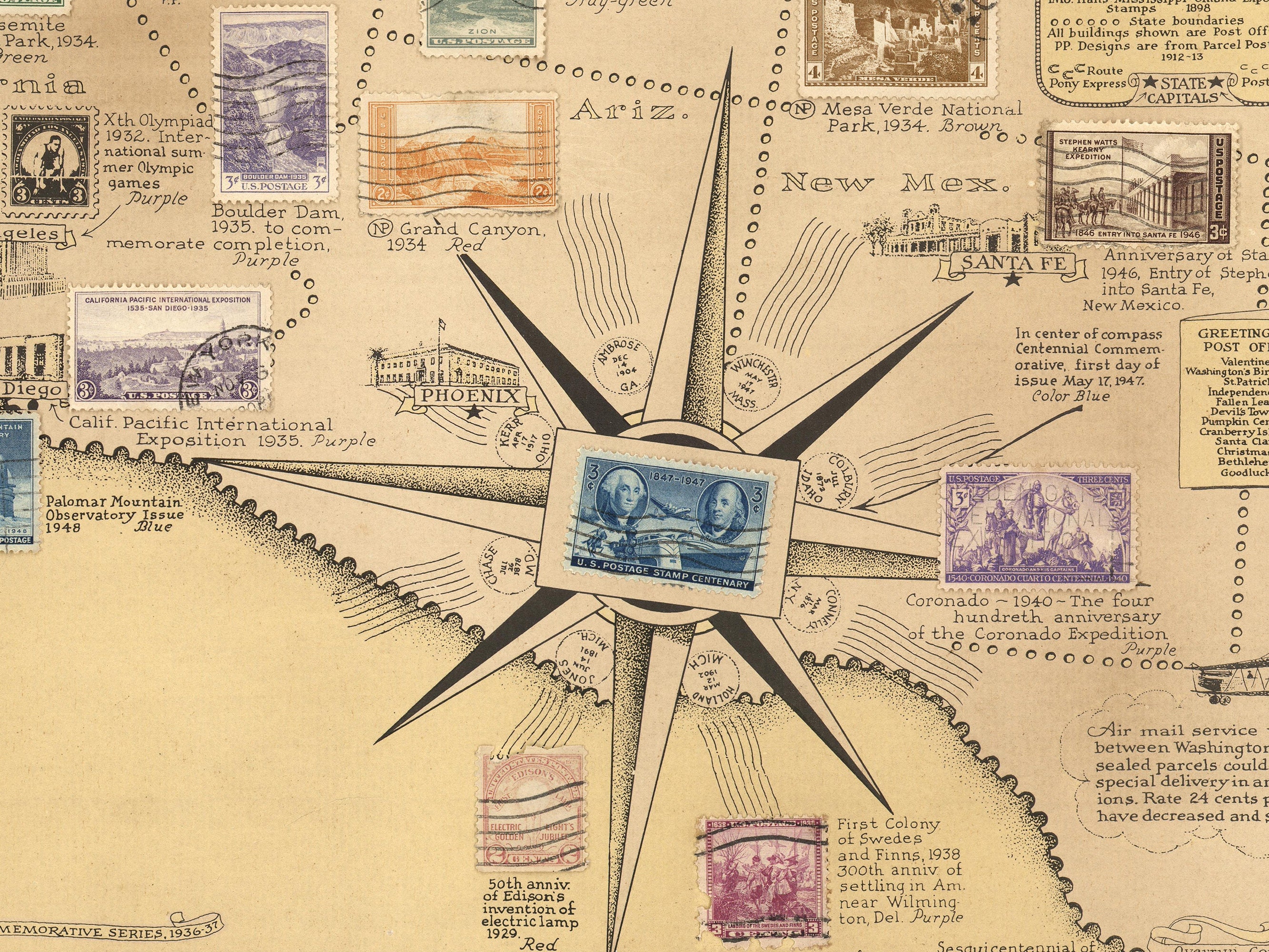 The Pictorial Map of United States Stamps 1949 Vintage Philately Stamp ...