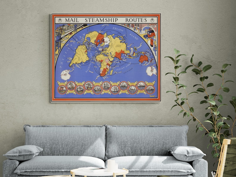 Vintage 1937 Steamship Routes World Map: Retro English Postal Art Print ...
