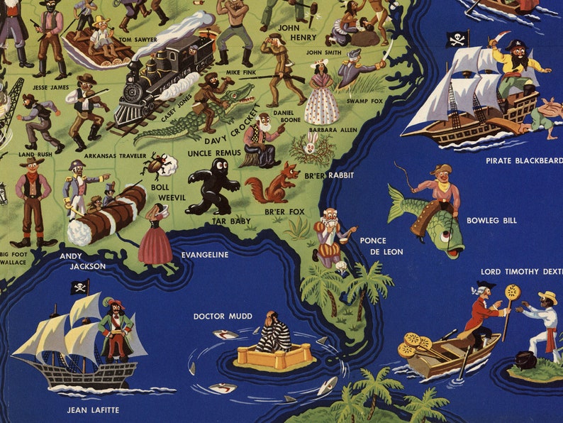 Vintage Map American Folklore and Legends USA History Illustrated Local ...