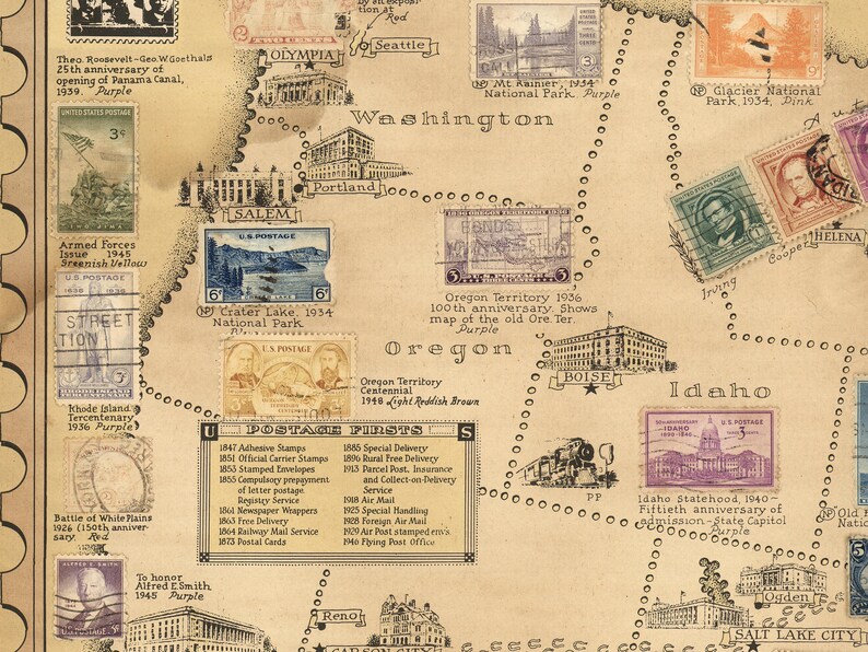 The Pictorial Map of United States Stamps 1949 Vintage Philately Stamp ...