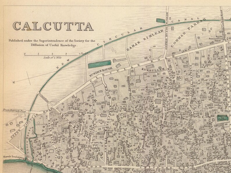 Vintage Calcutta Kolkata India Map Print: 1842 Fort William Street Map ...