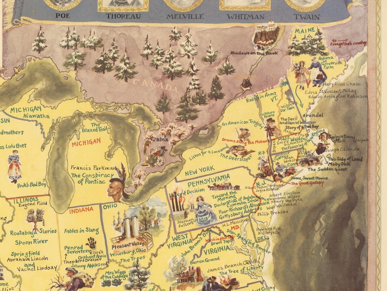 Booklovers Map of the United States 1949: Literary Classics Poster - Etsy