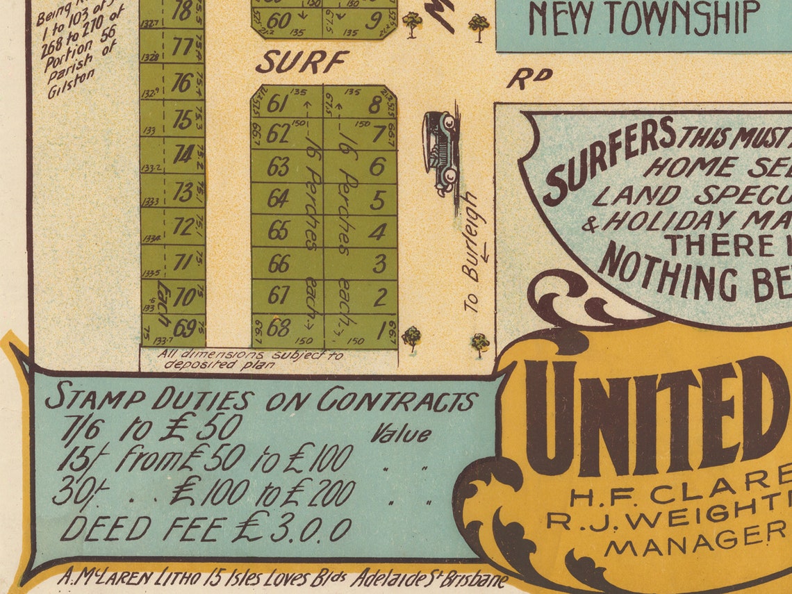 Vintage Gold Coast Estate Map Poster: Nobby & Mermaid Beach, Queensland ...