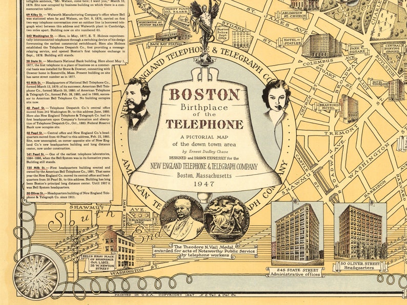 Vintage Boston Street Map Poster: Alexander Graham Bell, 1947 - Etsy