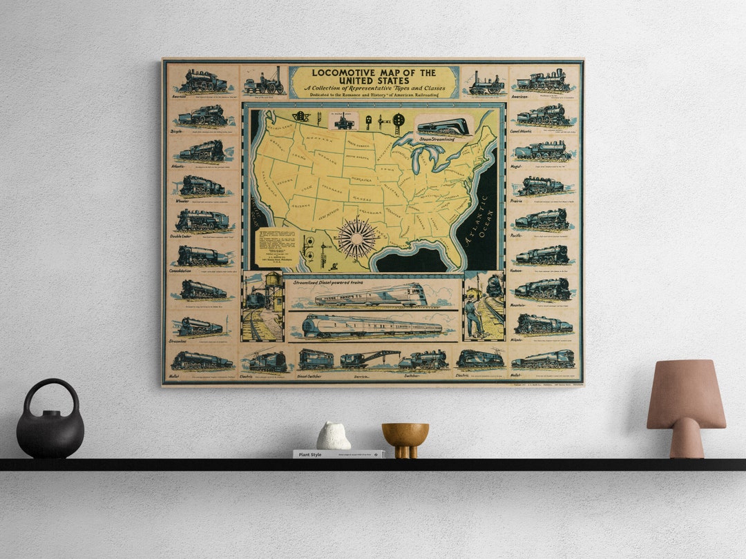 Vintage Locomotive Map of the United States 1935 Train Types Classes ...