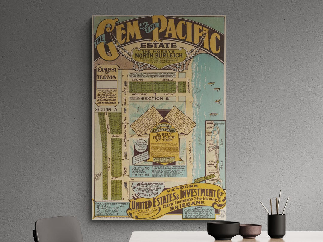 Vintage Gold Coast Estate Map Poster: Nobby & Mermaid Beach, Queensland ...
