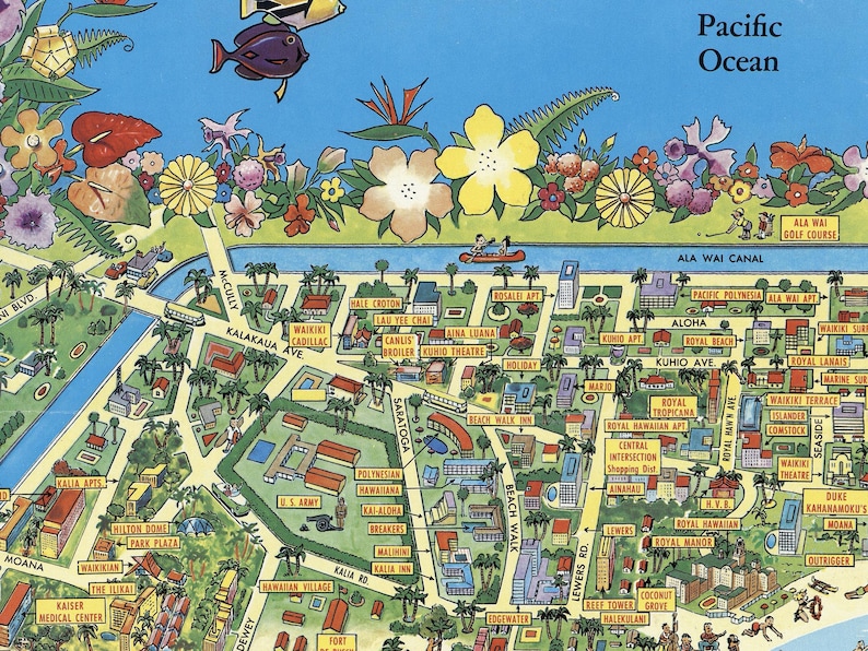 Waikiki Beach Map Art Print: 1950s Vintage Hawaiian Island Poster - Etsy