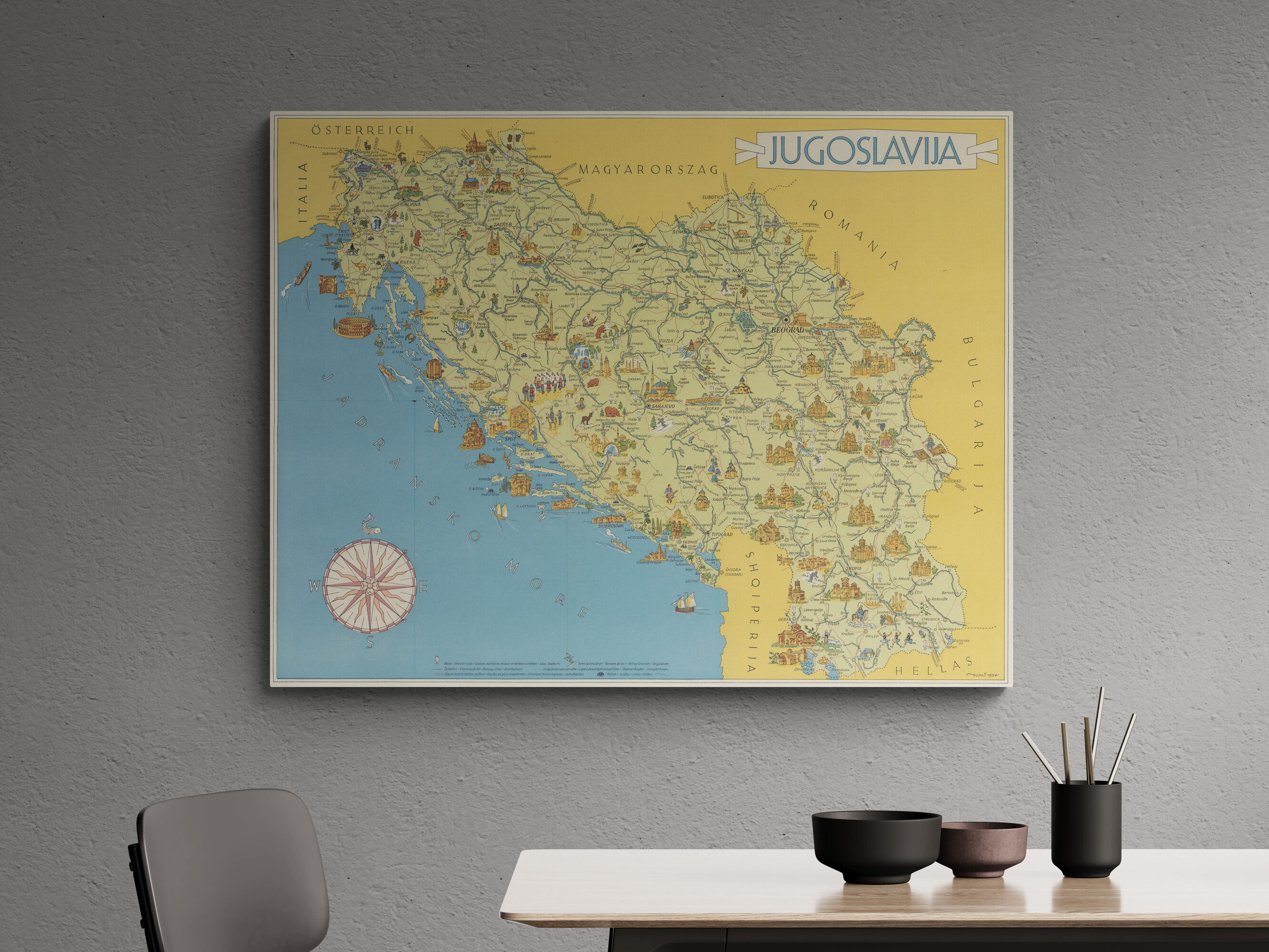 Vintage Map Jugoslavija 1954 Old European Map Antique Illustrated ...