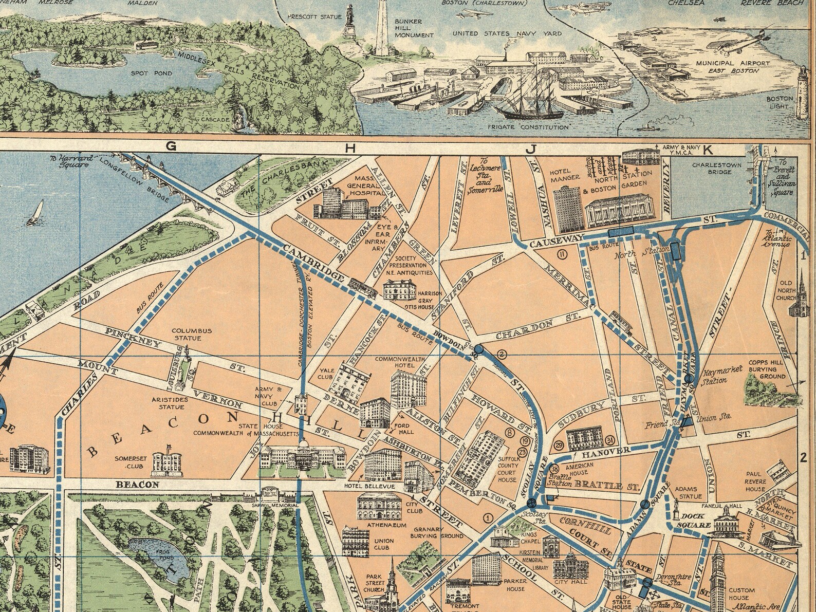 Vintage Boston Map 1930 Central Elevated Railway American Transport ...