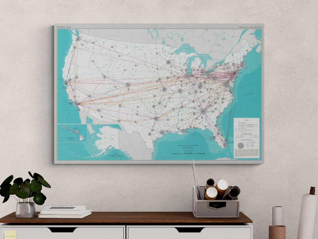 Vintage Map National American Air Flights and Facilities 1965 Old ...