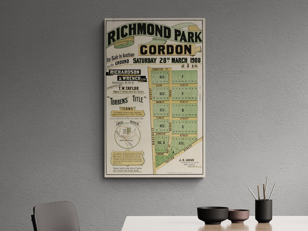Vintage Map Sydney East Gordon Estate Map 1908 Pymble Richmond Park ...