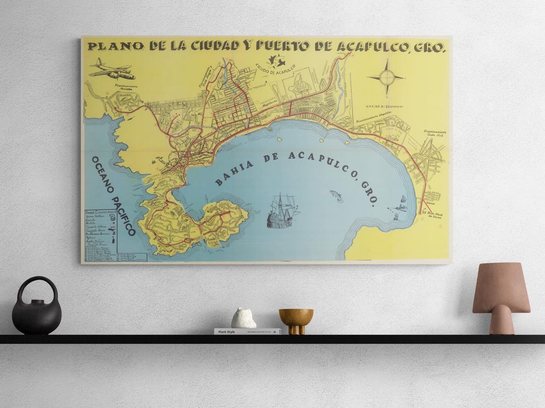 Vintage 1950 Acapulco Map Poster - Retro Mexico City & Port Map Print ...