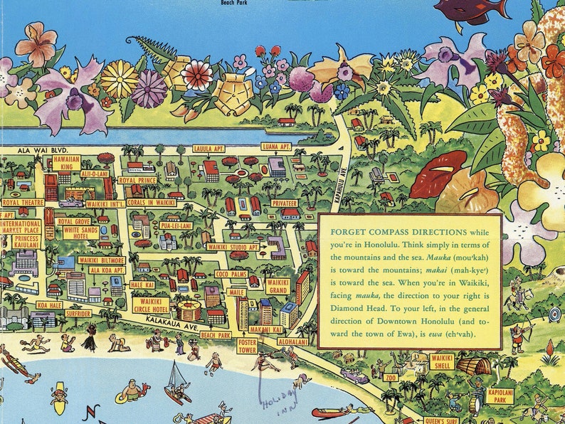 Waikiki Beach Map Art Print: 1950s Vintage Hawaiian Island Poster - Etsy