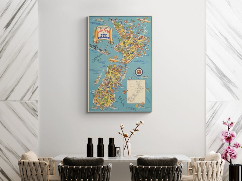 Vintage New Zealand Map Print 1938: Retro Aotearoa Pictorial Art - Etsy