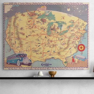 Vintage Greyhound Bus Lines Map of America 1932 Old Travel Map Antique ...