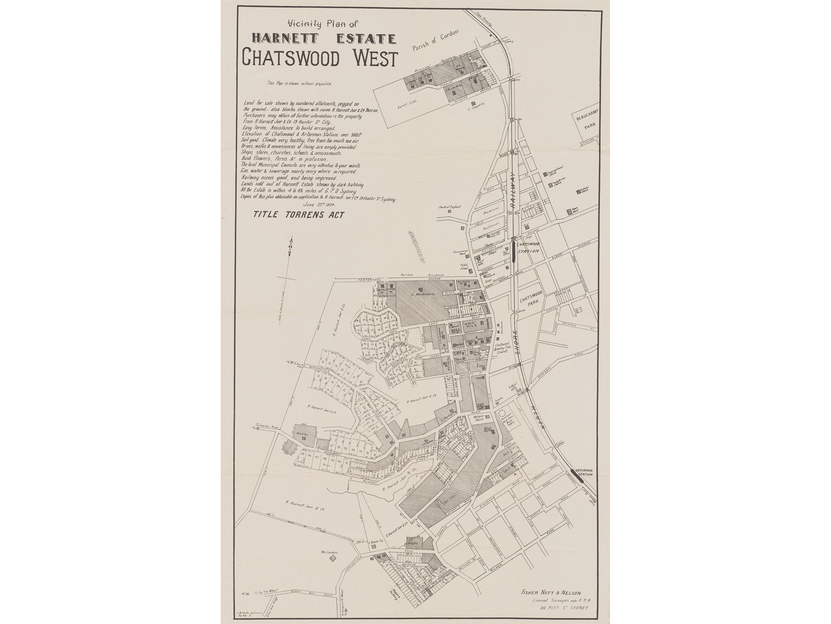 Vintage Map Chatswood West Sydney 1904 Harnett Estate Sales Streets Old ...