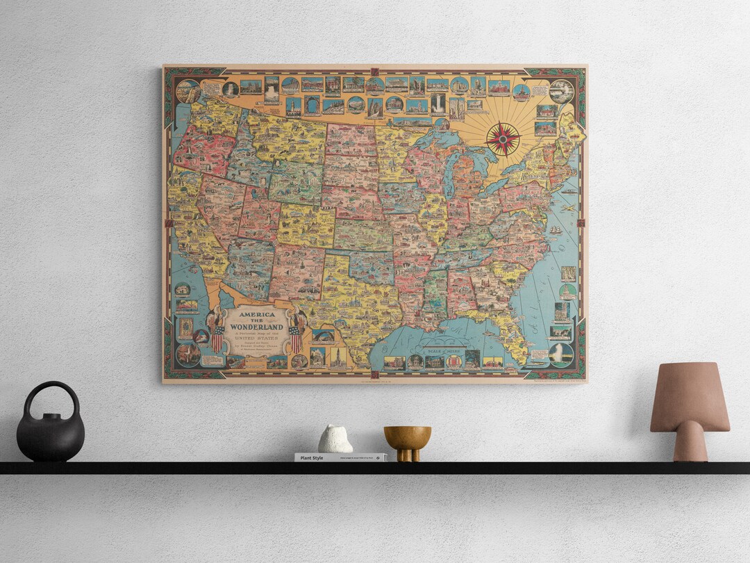 1954 Vintage Americana Map Poster: America the Wonderland Wall Art - Etsy