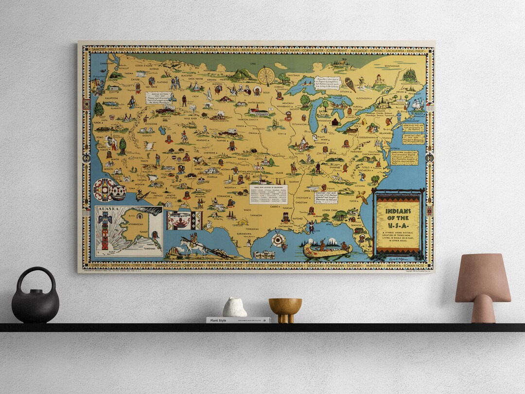 1944 Native American Historical Map Print: Vintage Americana Wall Art ...