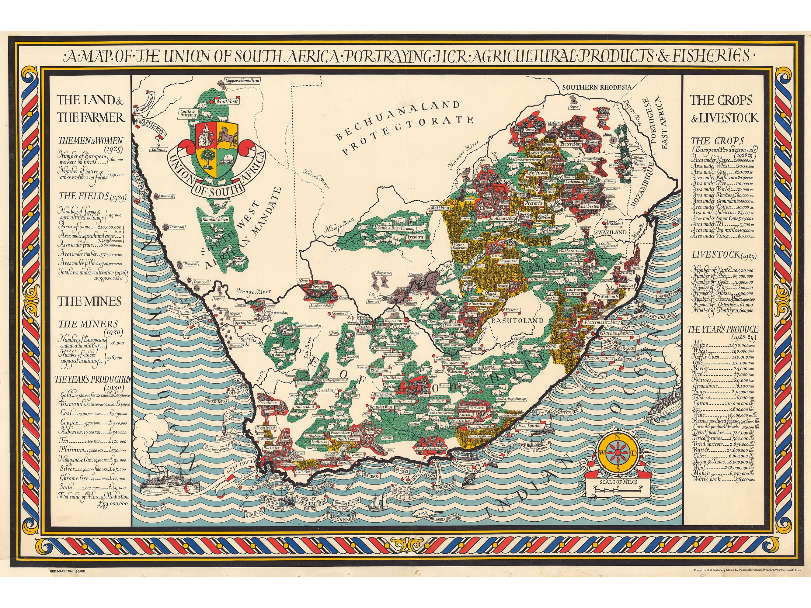 South Africa Map Vintage 1930 Union Portraying Her - Etsy