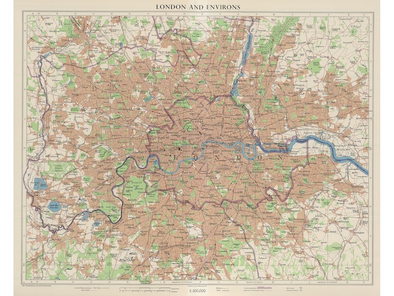 Vintage Map London and Environs 1955 Street Plan Old English Map ...