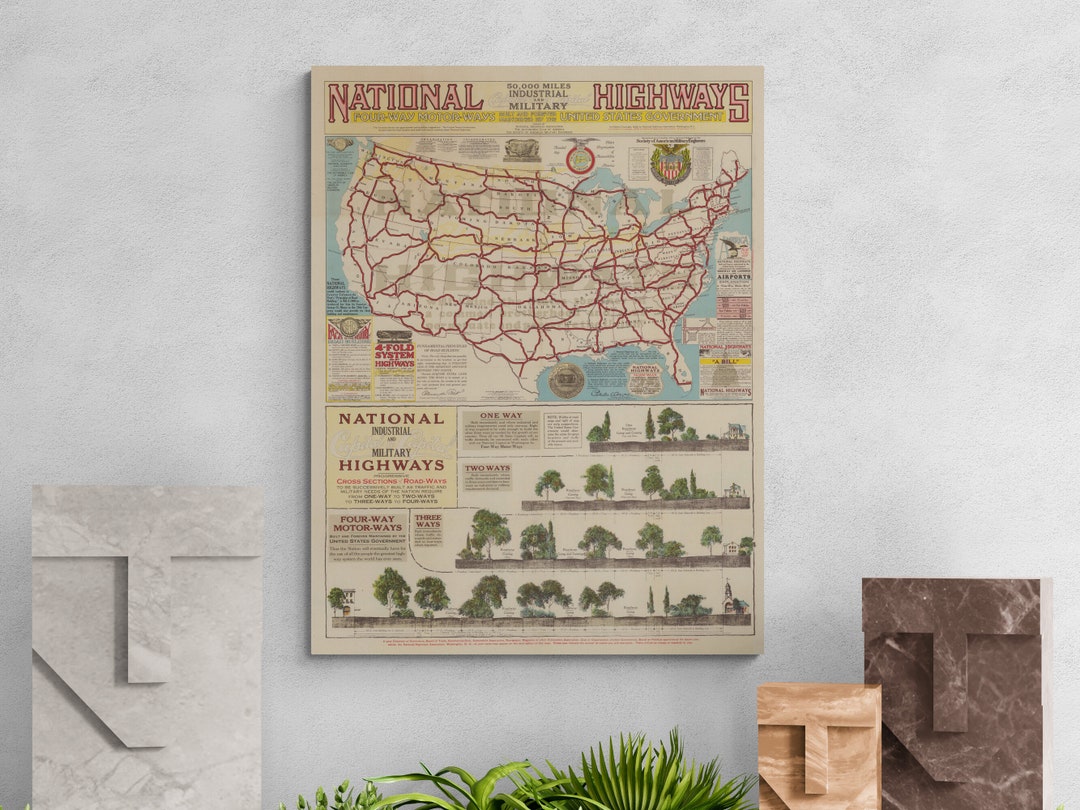 United States of America National Highways Vintage Map 1928 Industrial ...