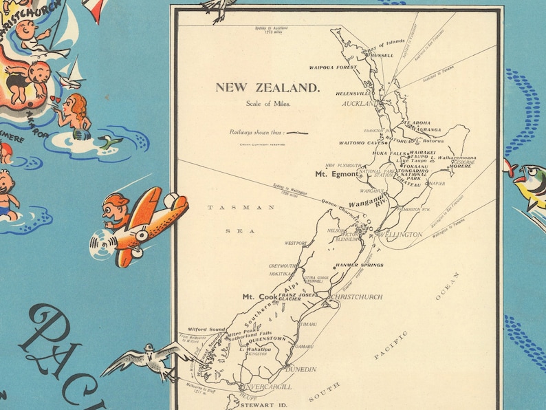 Vintage New Zealand Map Print 1938: Retro Aotearoa Pictorial Art - Etsy