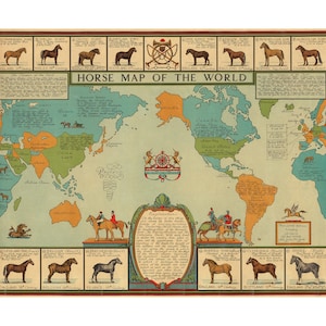 Vintage Horse Map of the World 1934 Old Equestrian Map Antique Horse ...