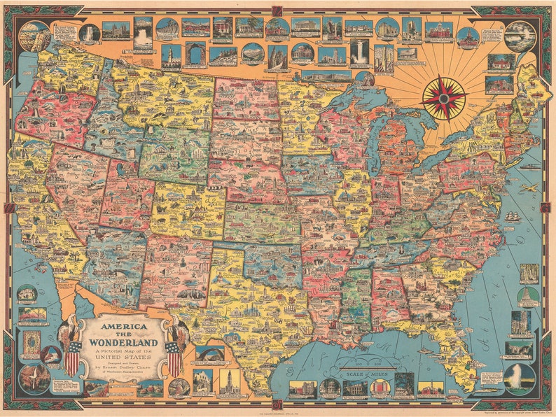 1954 Vintage Americana Map Poster: America the Wonderland Wall Art - Etsy