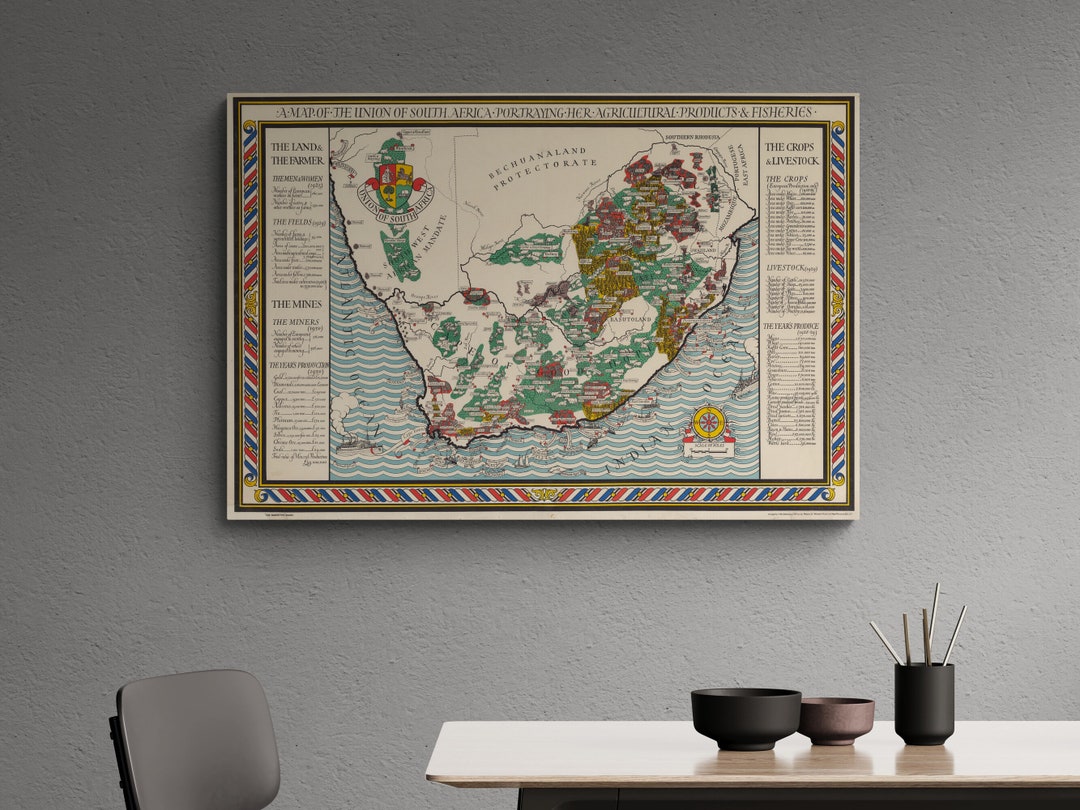 South Africa Map Vintage 1930 Union Portraying Her Agricultural ...