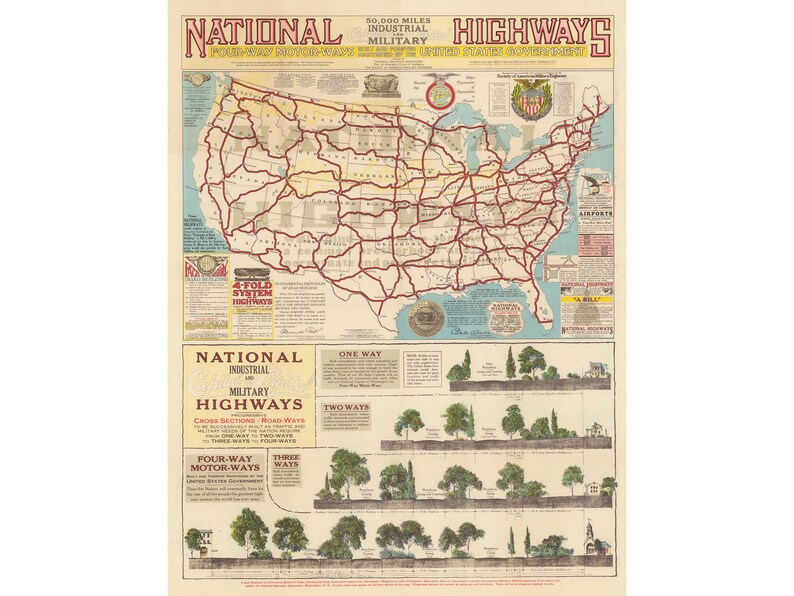 1928 Vintage USA National Highways Map Poster - Etsy UK