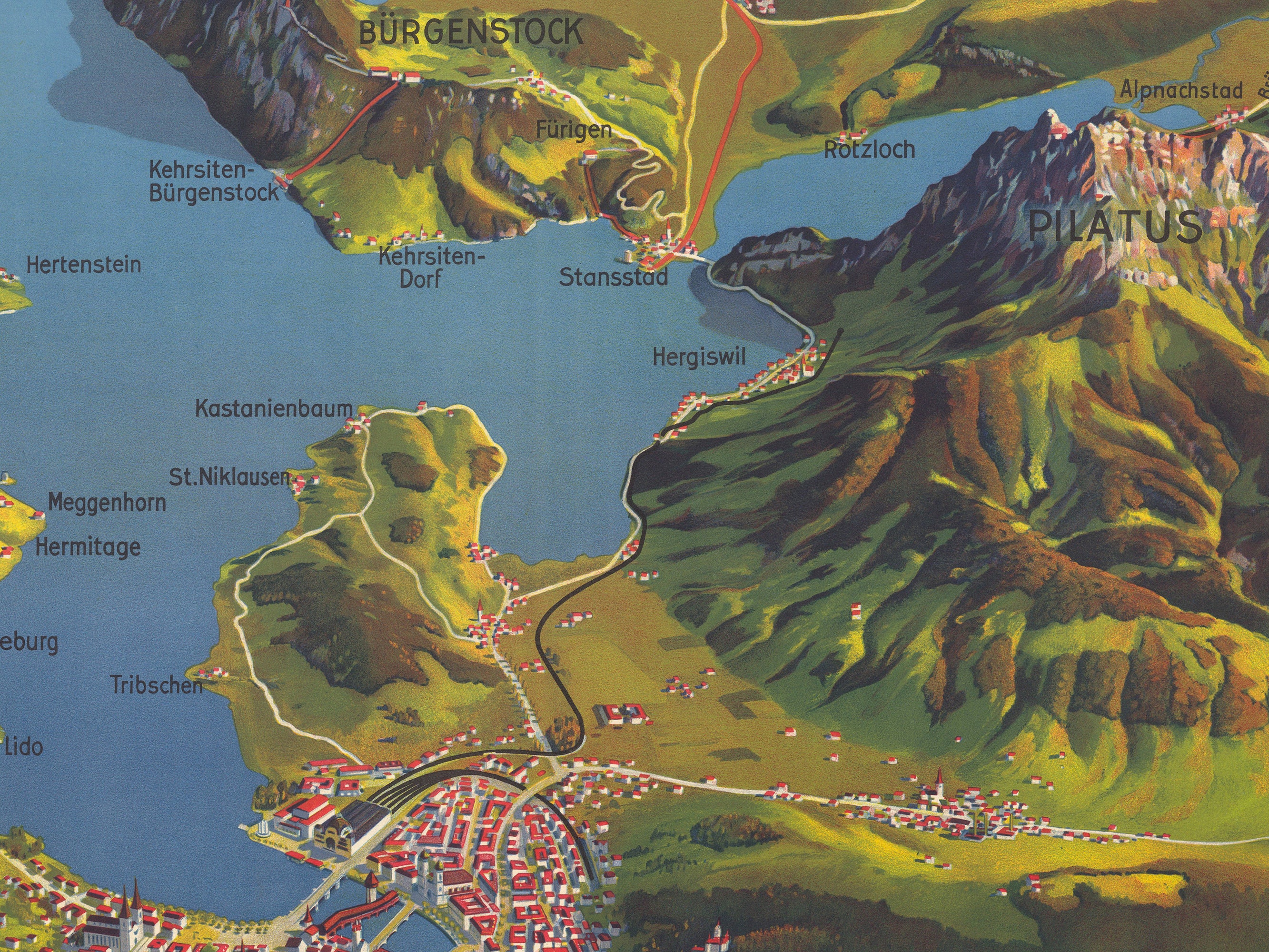 Retro Travel Map of Lake Lucerne Switzerland 1935 Lac Des Quatre ...