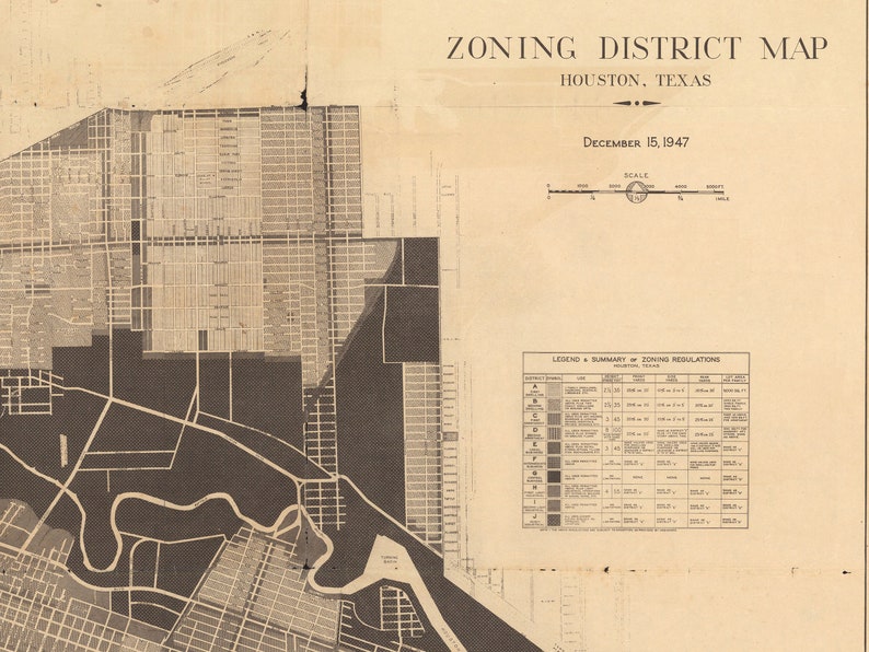 Vintage Framed Zoning District Map Houston 1947 Texas Planning History ...