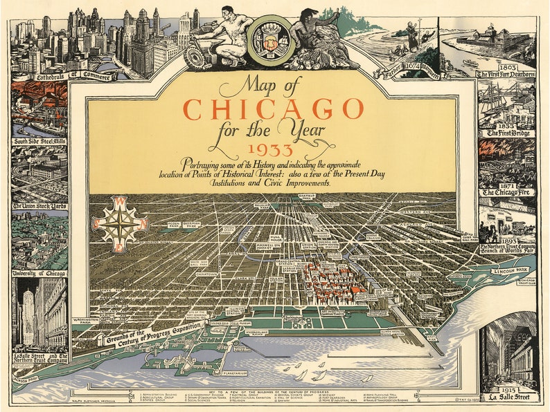 Vintage Map of Chicago 1933 American History Pictorial Birdseye ...